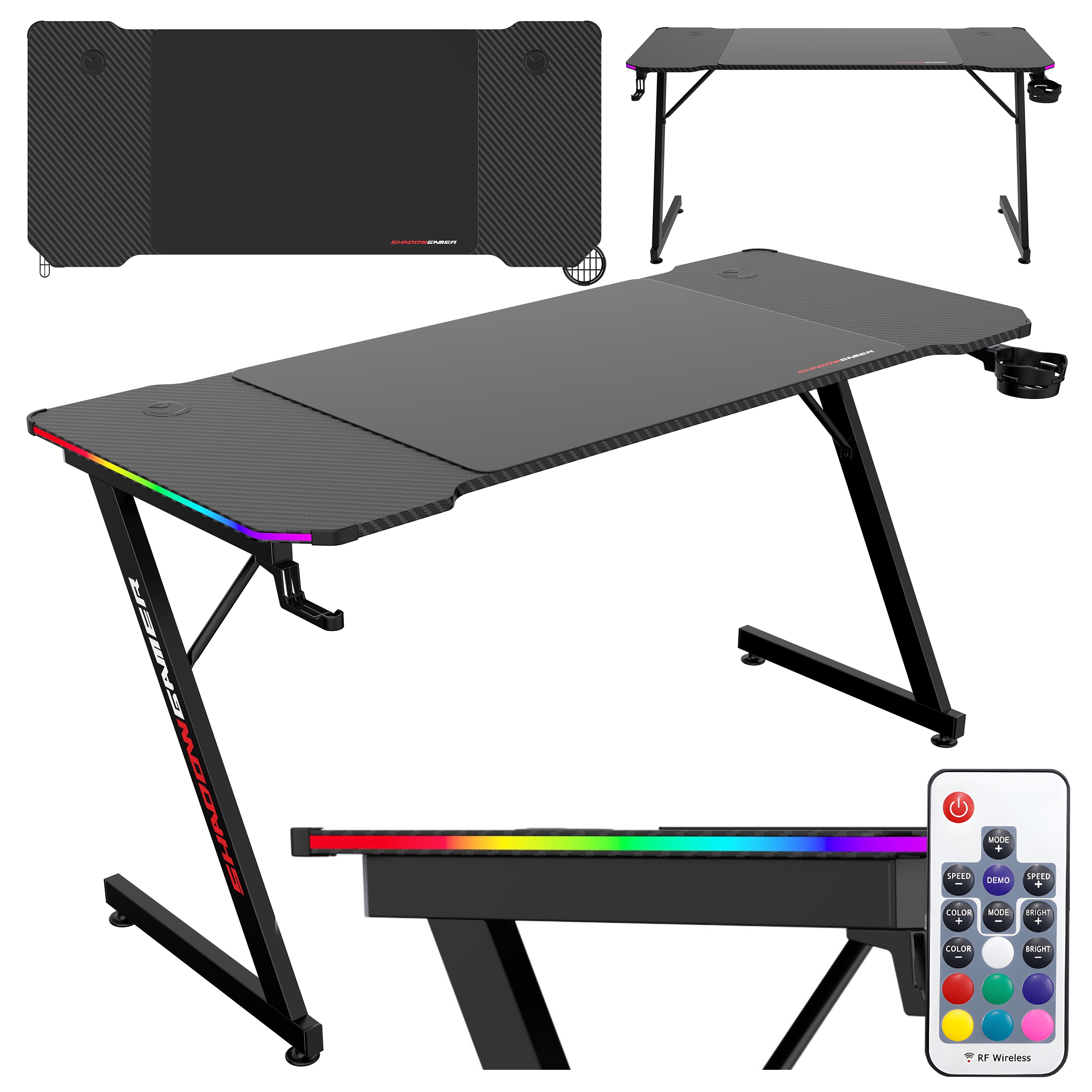 Herní stůl s LED osvětlením SHADOW GAMER 2.0 140 cm elektrický, černý ...