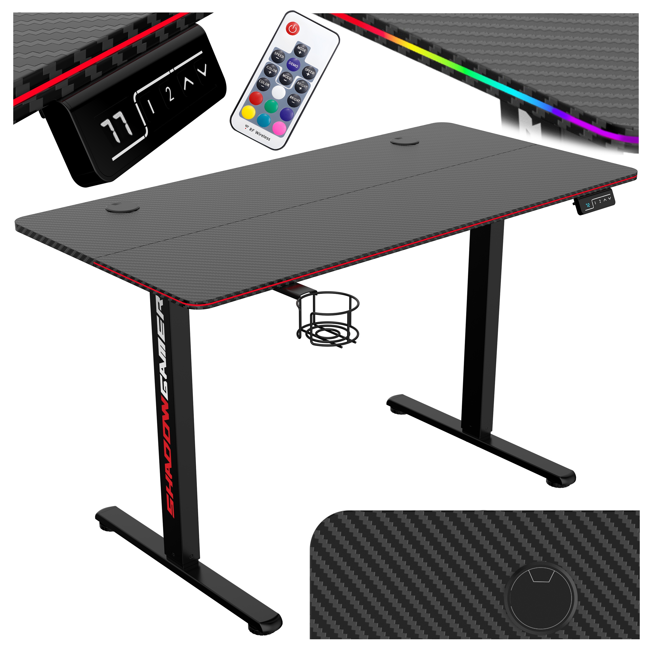 Herní stůl s LED osvětlením SHADOW GAMER 2.0 elektrický, černý - Nej ...