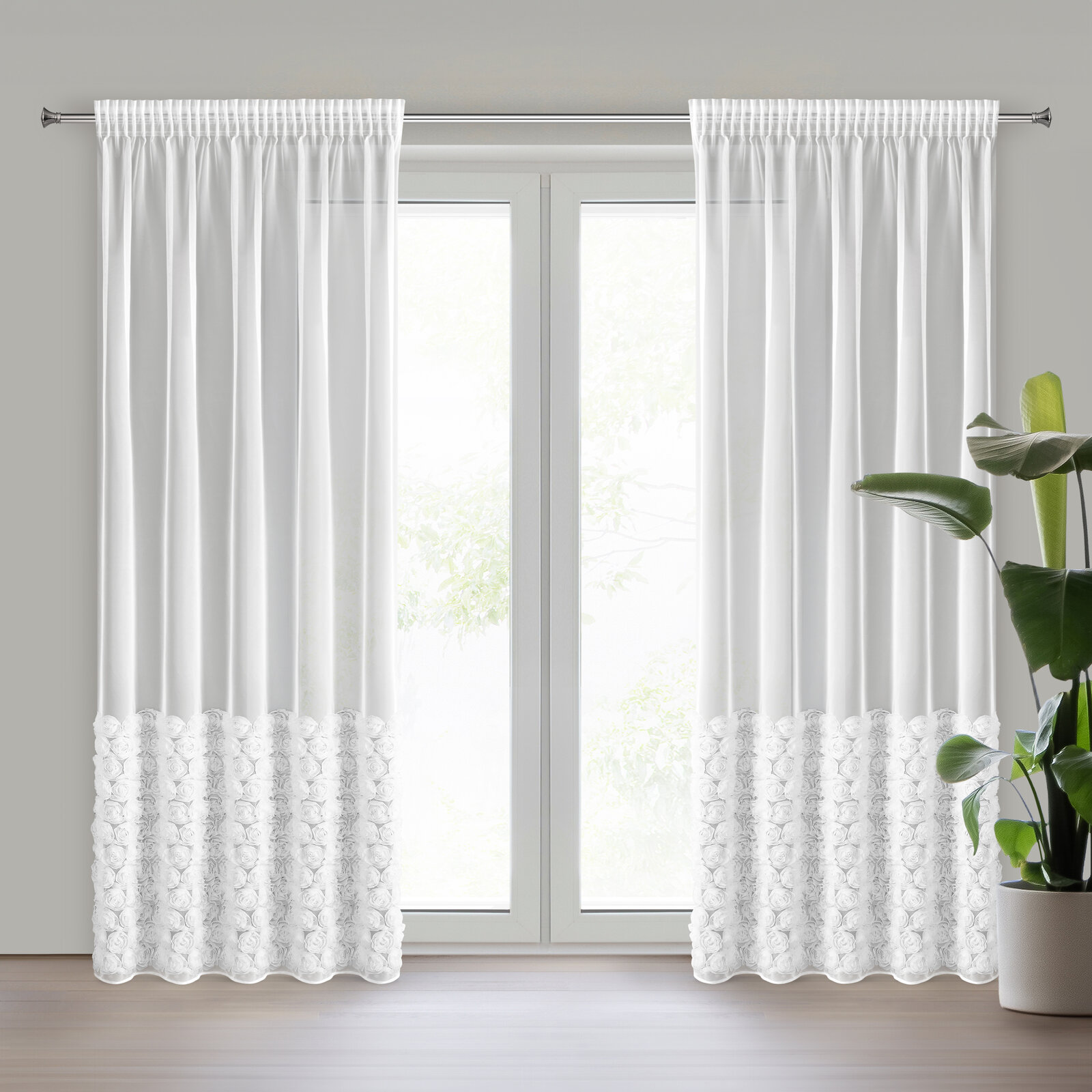 Hotový závěs ROSES 2 bílý - na pásce - Nej-koberce.cz