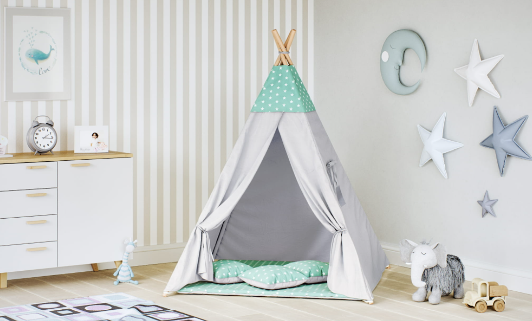Dětský stan Tipi hvězdy máta / šedý - Nej-koberce.cz